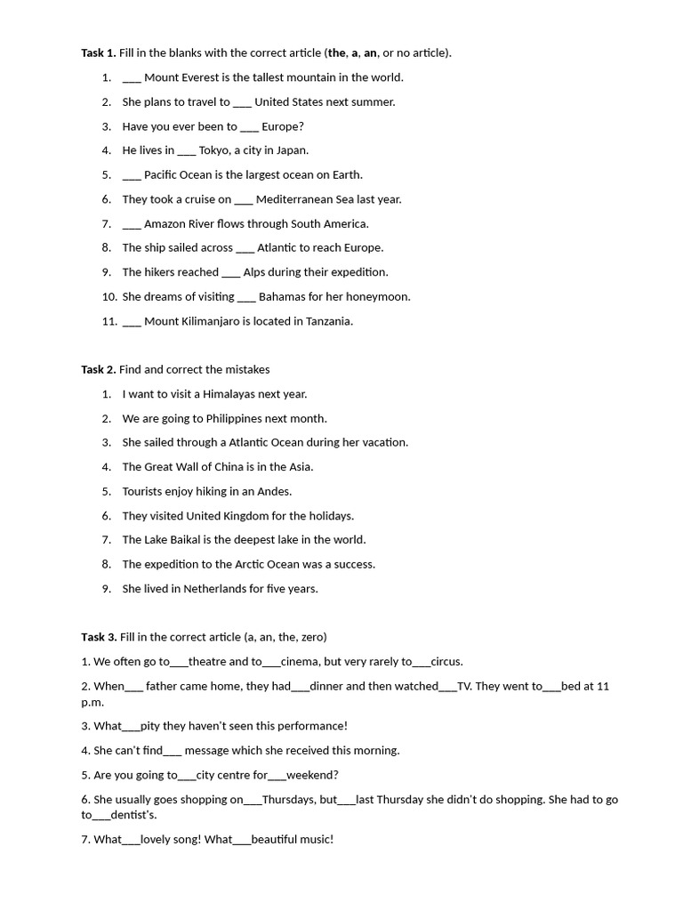 Articles with Geographical Names Exercises | PDF