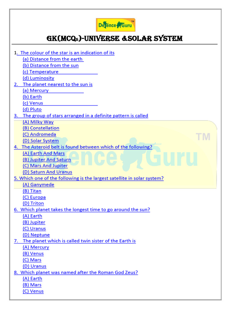 Universe Solar System MCQ | PDF | Planets | Solar System