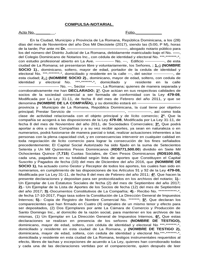 Compulsa Notarial (Constitucion de Compañia) MODELO | PDF | República ...