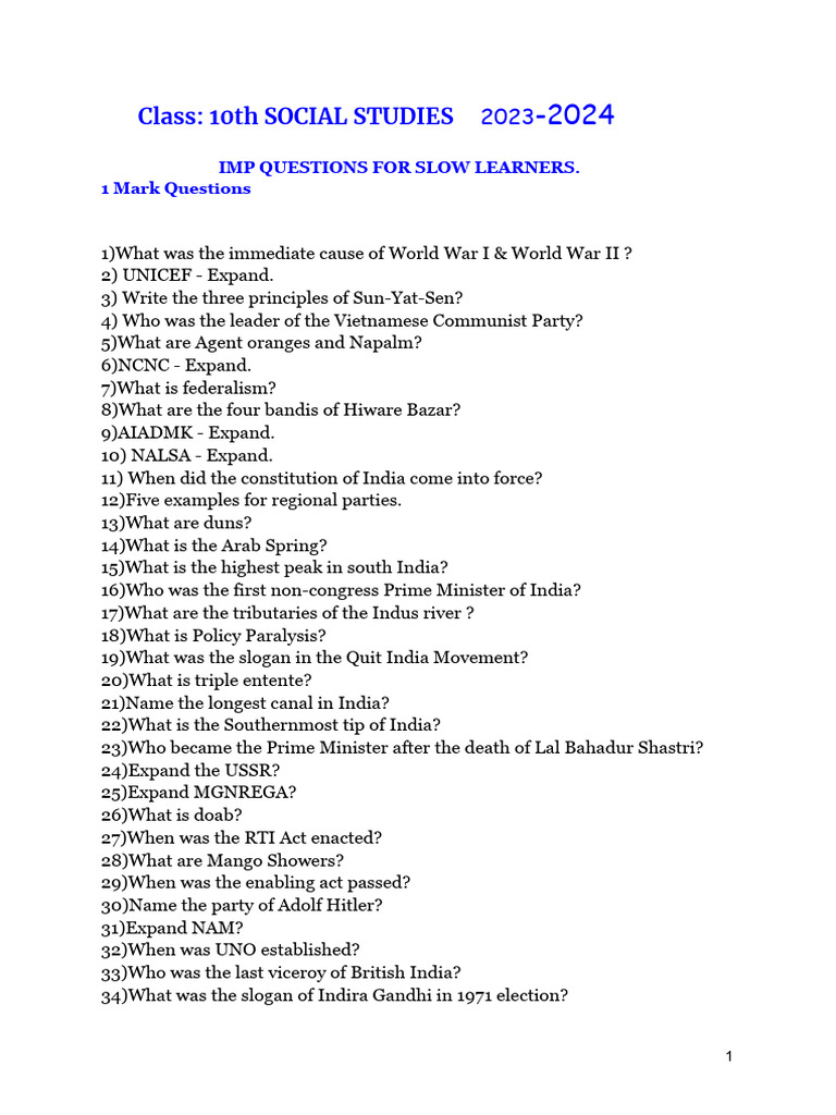 10th SS IMP Questions 2023-24 | PDF | Himalayas