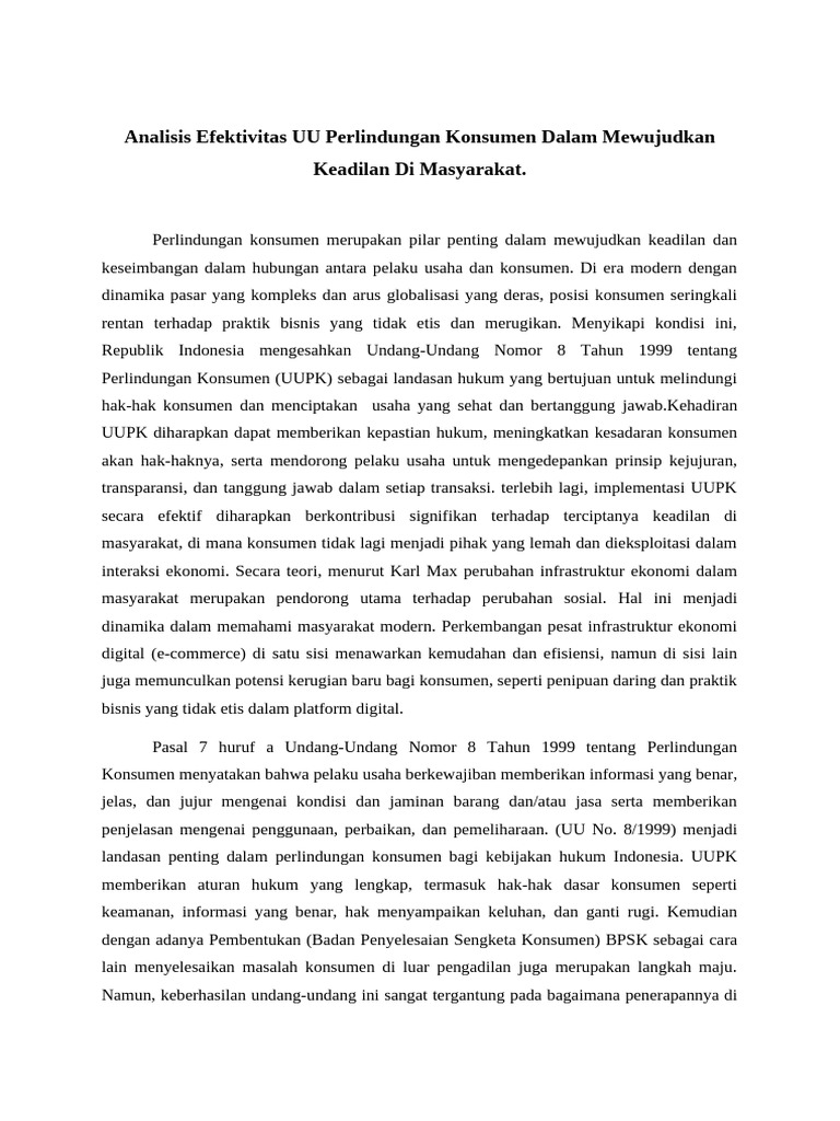 Analisis Efektivitas UU Perlindungan Konsumen Dalam Mewujudkan Keadilan Di Masyarakat | PDF