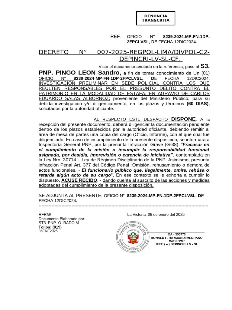 Dcto - 007 - S3. PNP Pingo Ofc. 8239-MP-FN-1DP-2FPCLVSL, CLQRR, Por ...