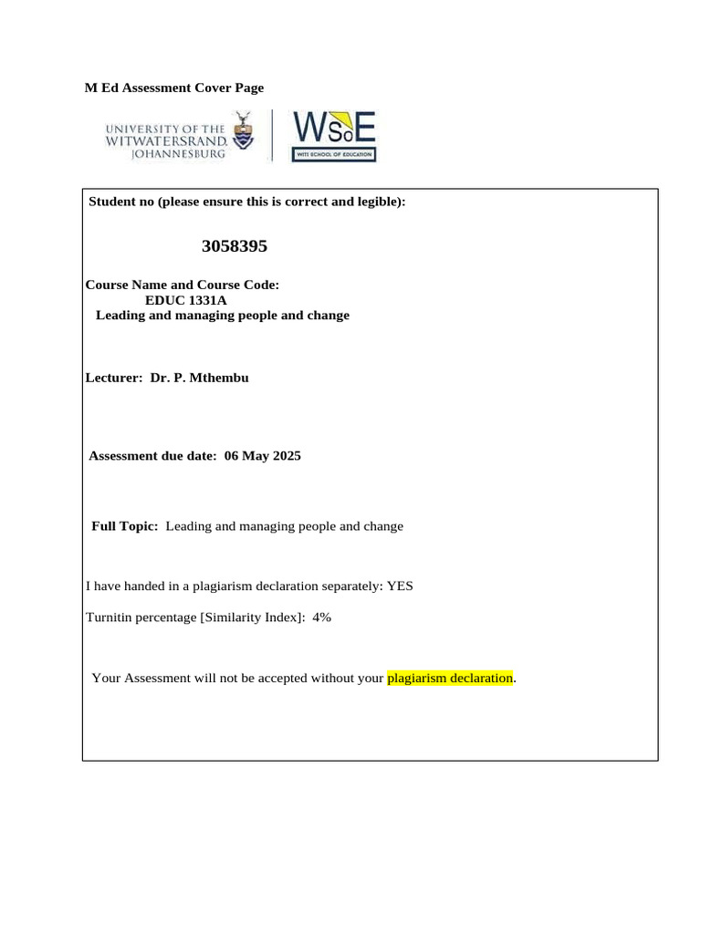 M Ed Leadership Assessment Cover Page | PDF | Leadership | Motivation
