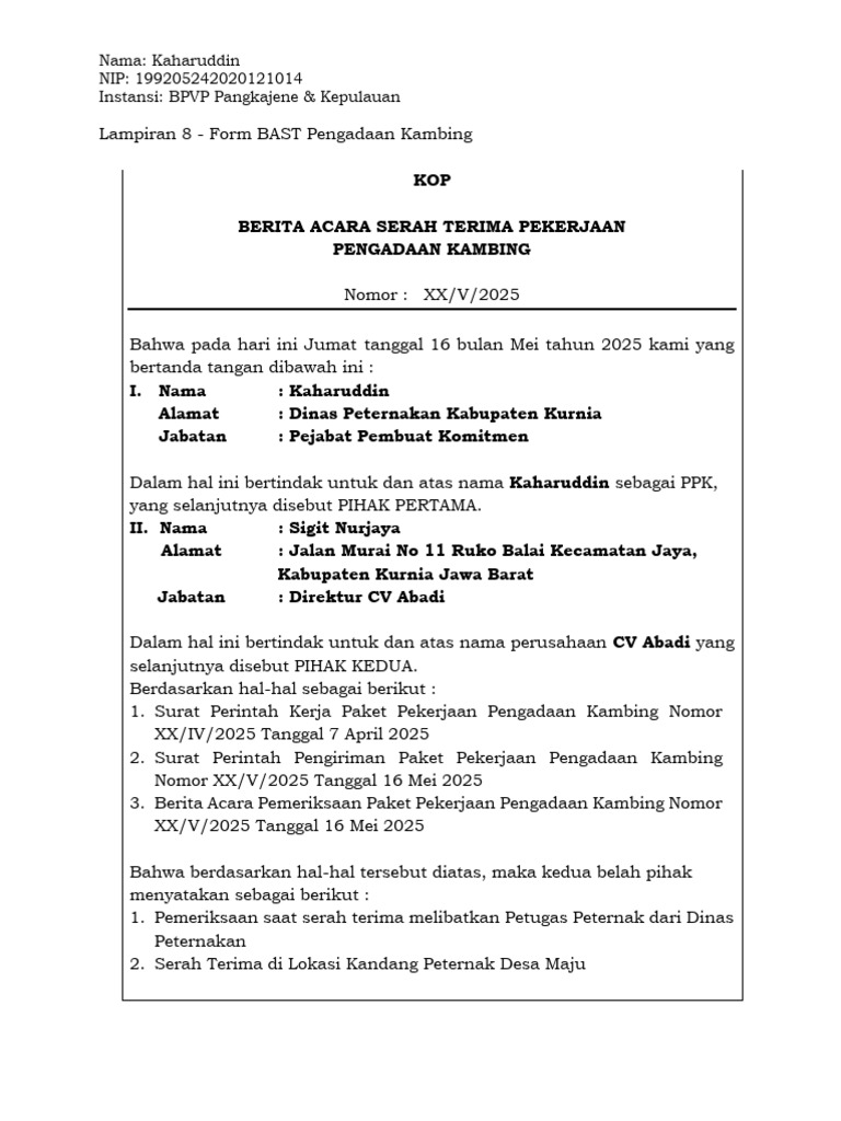 Kaharuddin - Lampiran 07 - Form BAST Pengadaan Kambing | PDF