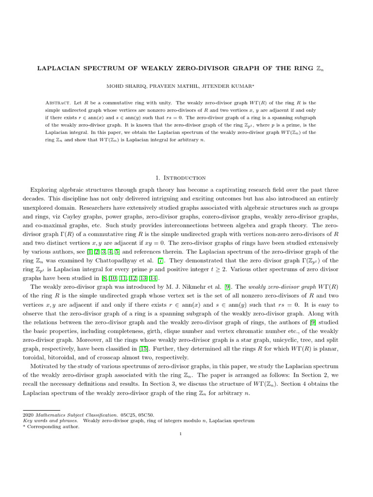 LAPLACIAN SPECTRUM OF WEAKLY ZERO-DIVISOR GRAPH OF THE RING ZN | PDF | Eigenvalues And ...