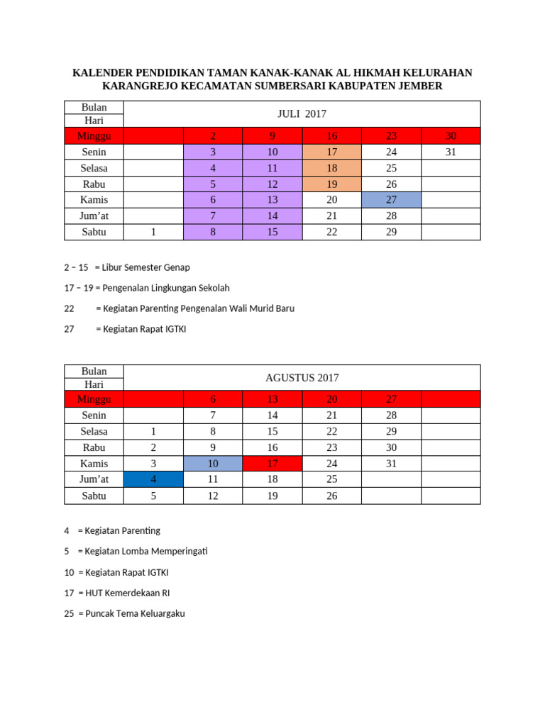 Kalender Pendidikan TK Al Hikmah 2017-2018 | PDF