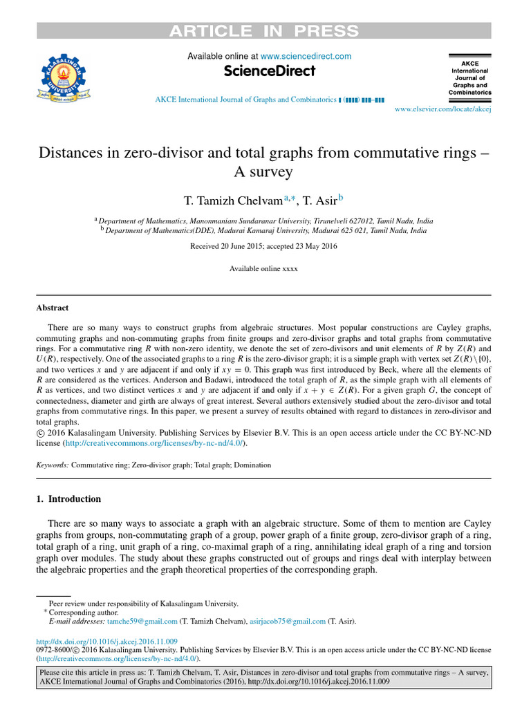 Distances in Zero-Divisor and Total Graphs From Co | PDF | Ring ...