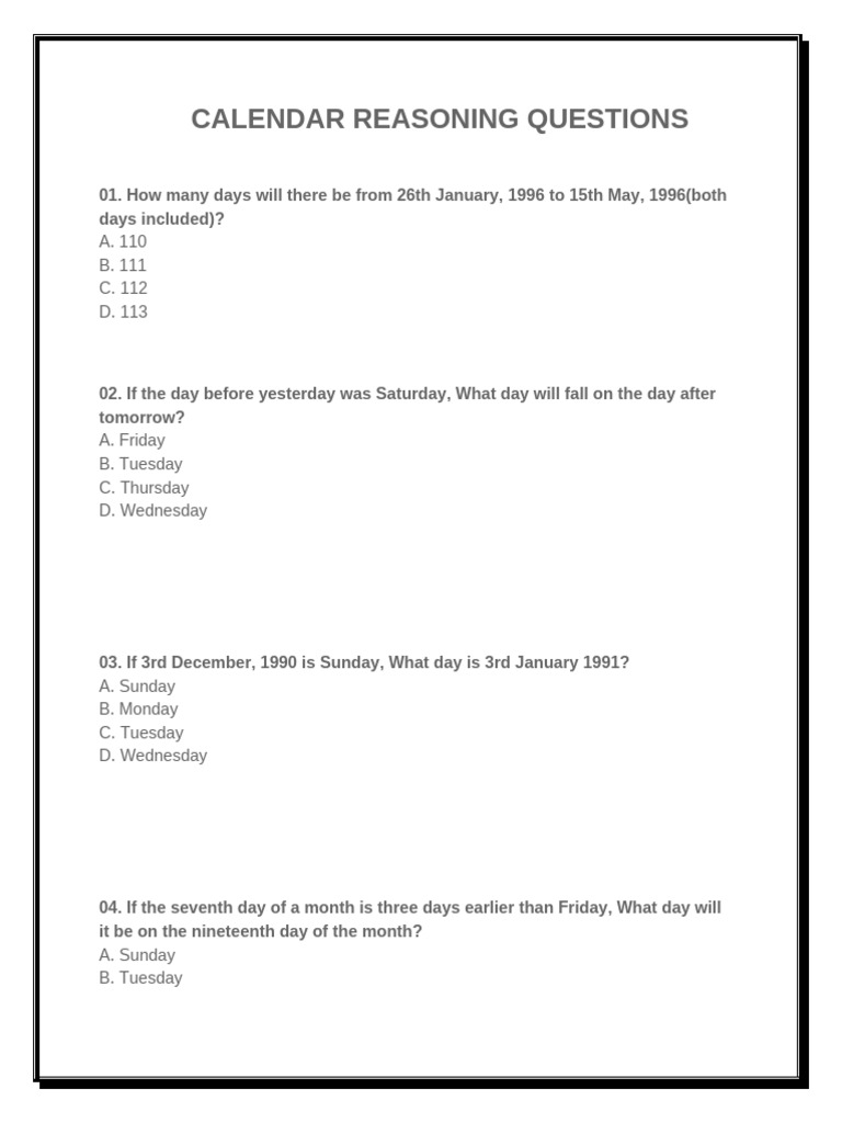 Calendar Reasoning Questions | PDF