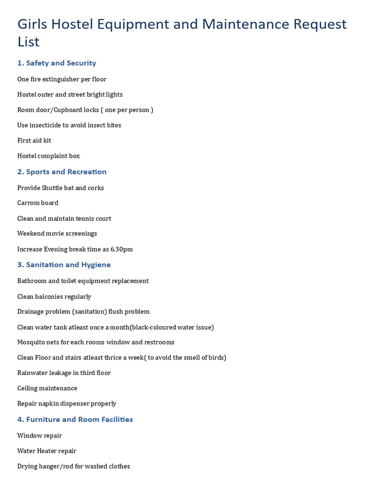 Girl's Hostel - Equipment - and - Maintenance - Request - List | PDF
