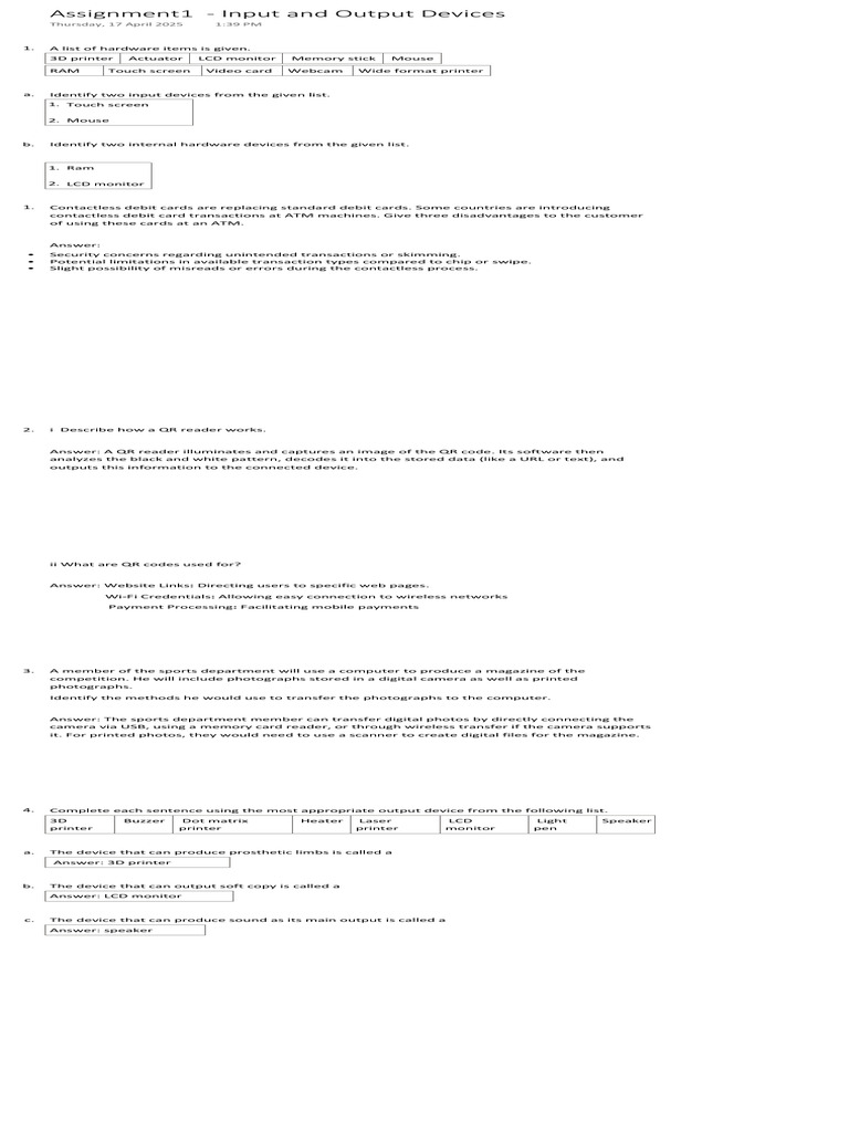 Assignment1 - Input and Output Devices | PDF | Printer (Computing) | Qr Code