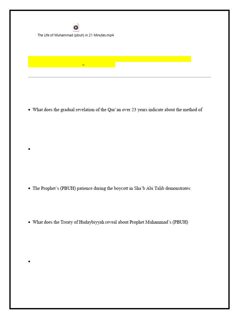 Life of Prophet Muhammad PBUH Worksheet | PDF | Muhammad | Medina