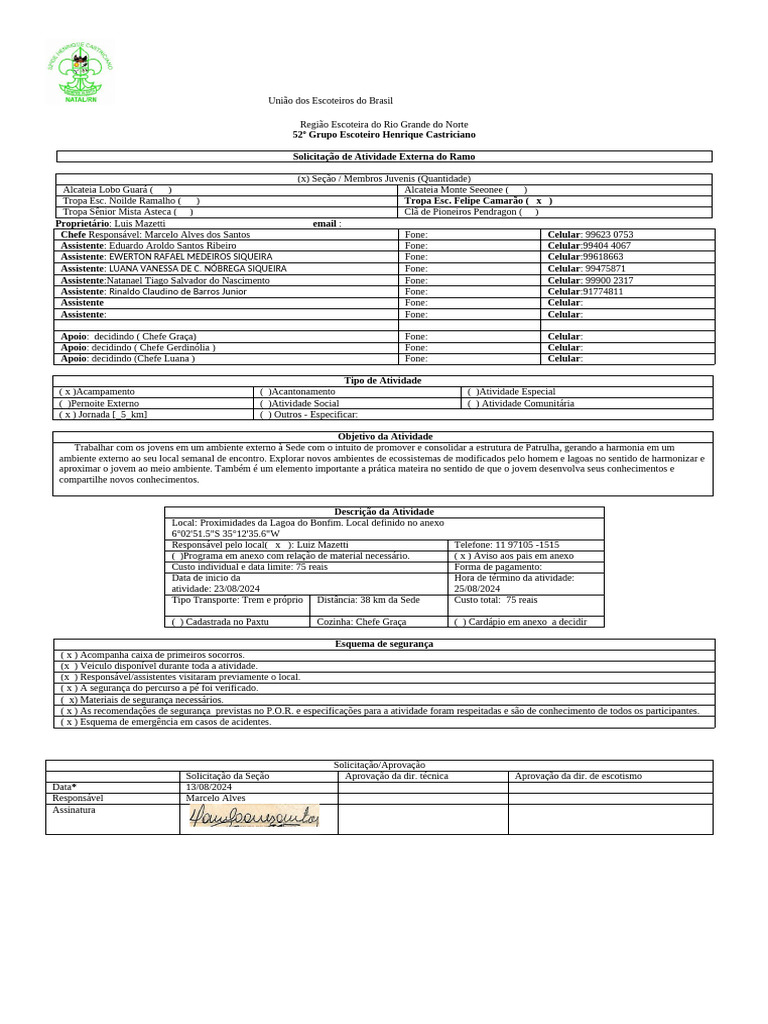 Formulário atividades externas 52GEHC TROPA FELIEPE CAMARÃO lagoa do bonfim | PDF | Escotismo