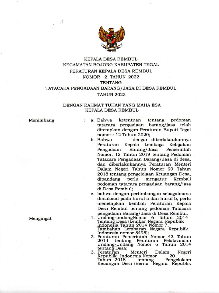Perkades No 2 Tahun 2022 TTG Pengadaan Barang Dan Jasa | PDF
