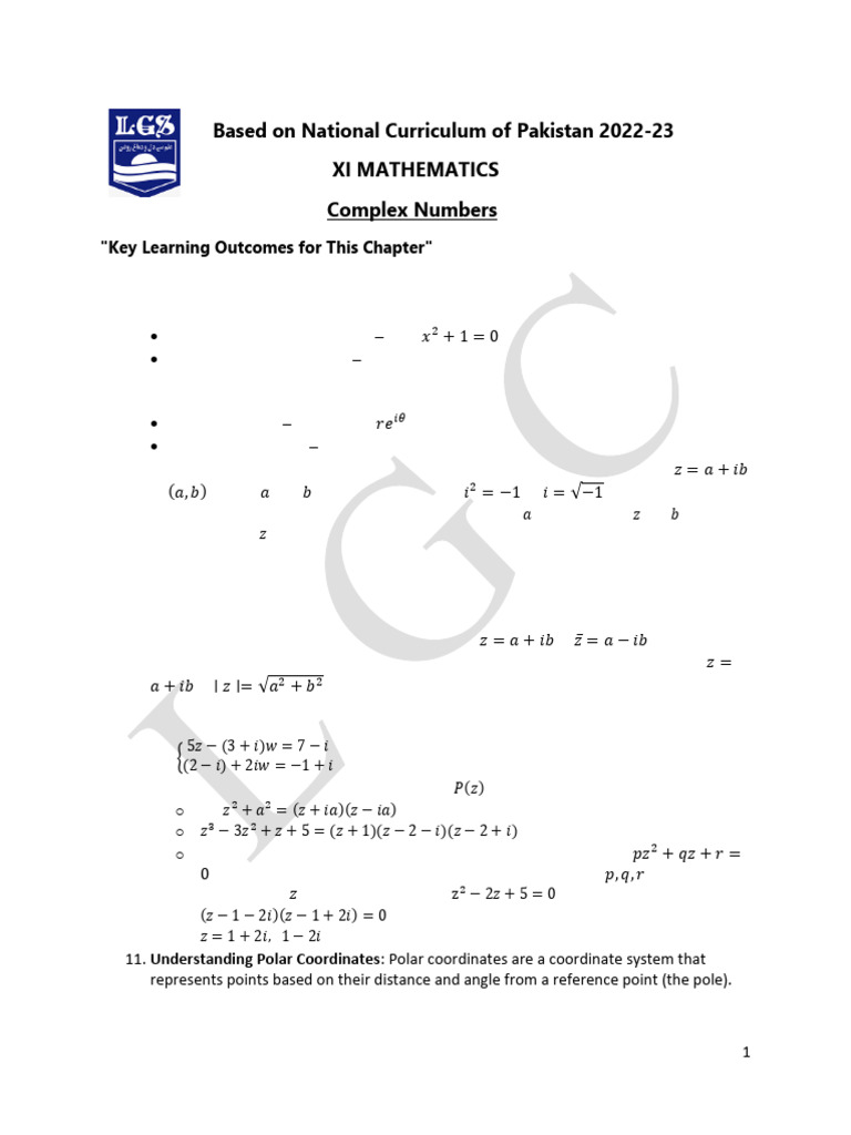 Complex Numbers: Key Learning Outcomes | PDF | Complex Number | Numbers