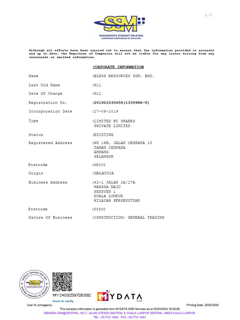 SSM Info for Bless Resources Sdn. Bhd. | PDF | Qr Code | Smartphone