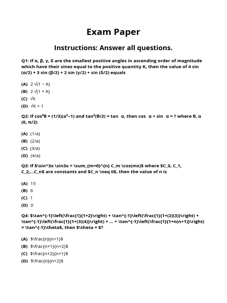 QuestionPaper 277 Template One | PDF | Trigonometry | Geometry