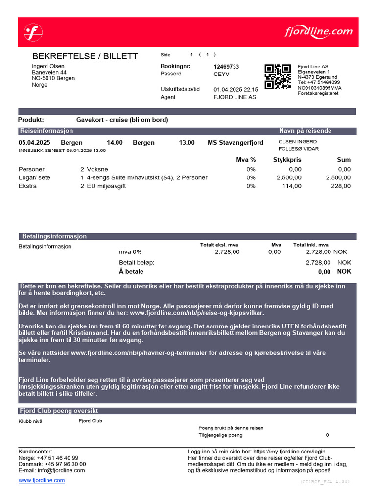 Bekreftelse / Billett: Gavekort - Cruise (Bli Om Bord) Produkt | PDF