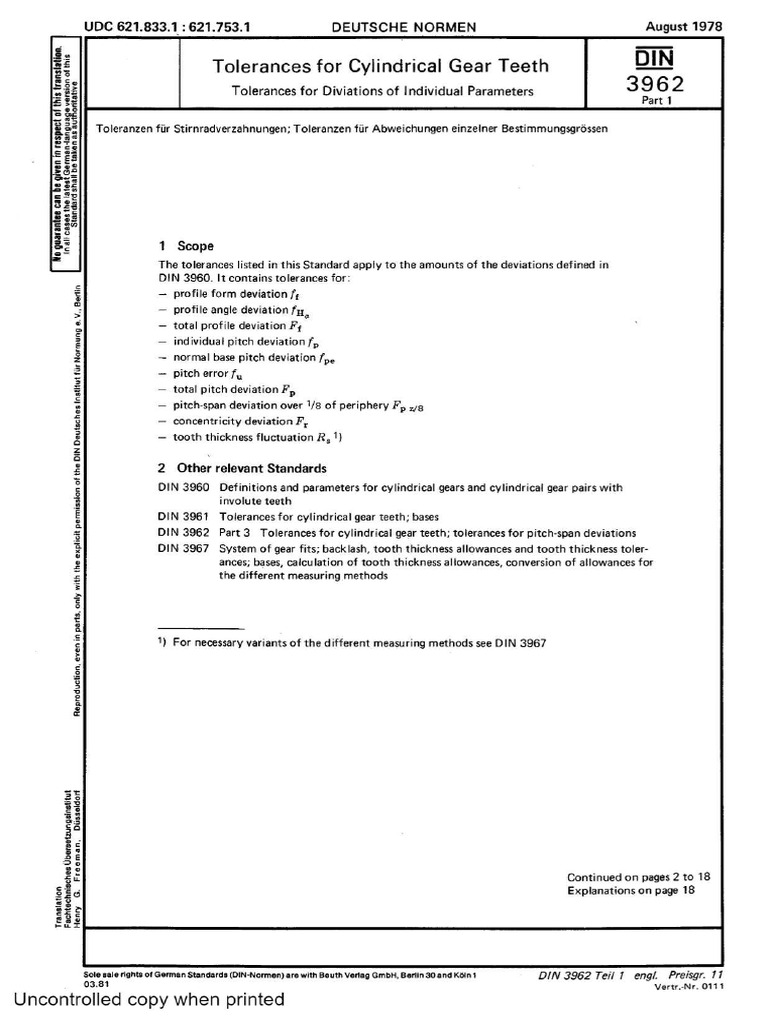 DIN-3962-1 -Tolerances for Cylindrical Gear Teeth | PDF