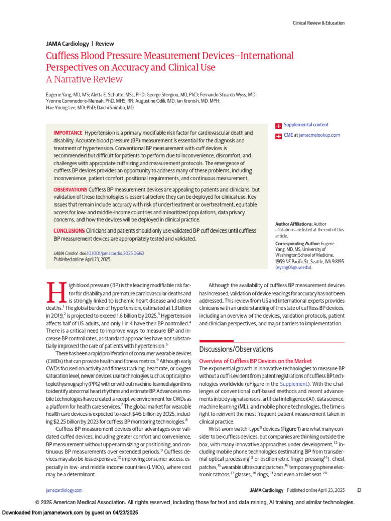 Cuffless Blood Pressure Measurement Devices JAMA 23 4 2025 | PDF ...