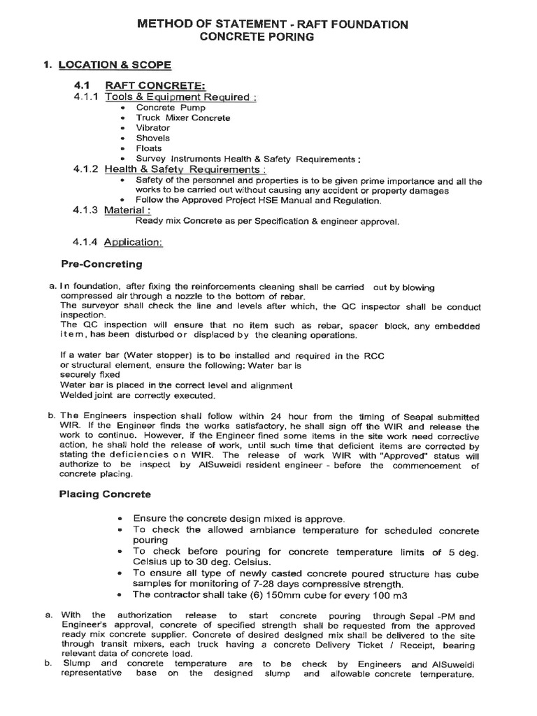Method of Statement For Raft Foundation Concrete Pouring | PDF