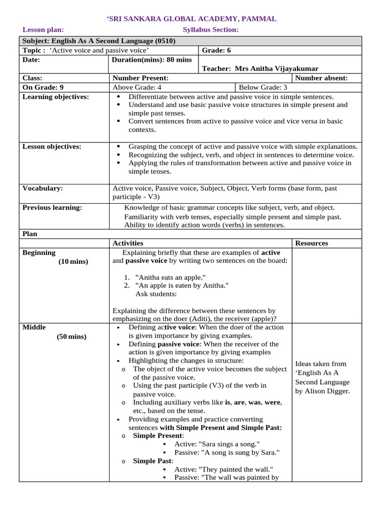 Lesson Plan on Active and Passive Voice | PDF | Subject (Grammar) | Verb