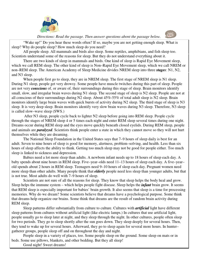 Sleep Reading Comprehension | PDF | Sleep | Rapid Eye Movement Sleep