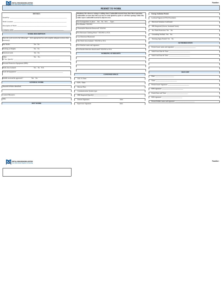 Permit To Work A3 Template | PDF | Personal Protective Equipment | Fires