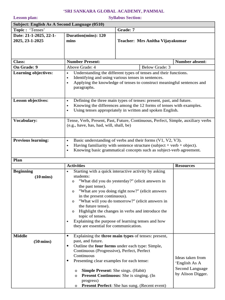 Lesson Plan - Grade 6 Tenses | PDF | Grammatical Tense | Verb