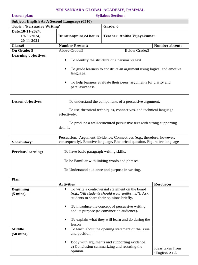 Persuasive Writing Lesson Plan for Grade 6 | PDF | Argument | Rhetoric