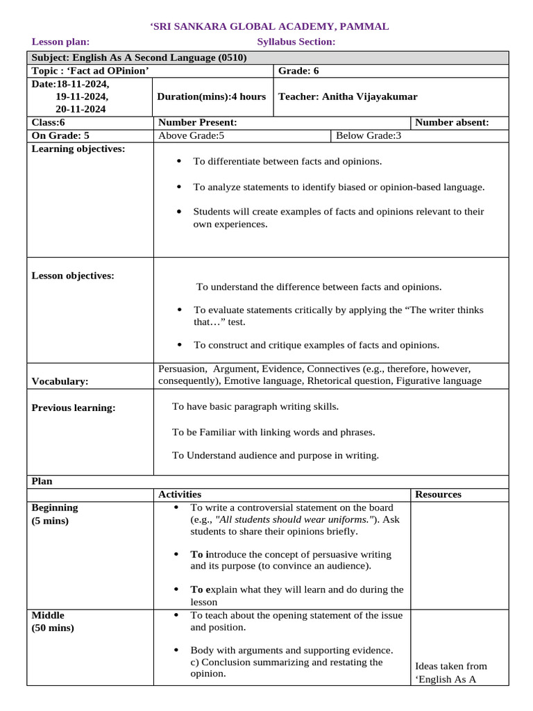 Lesson Plan G6 - Fact and Opinion | PDF | Rhetoric | Learning
