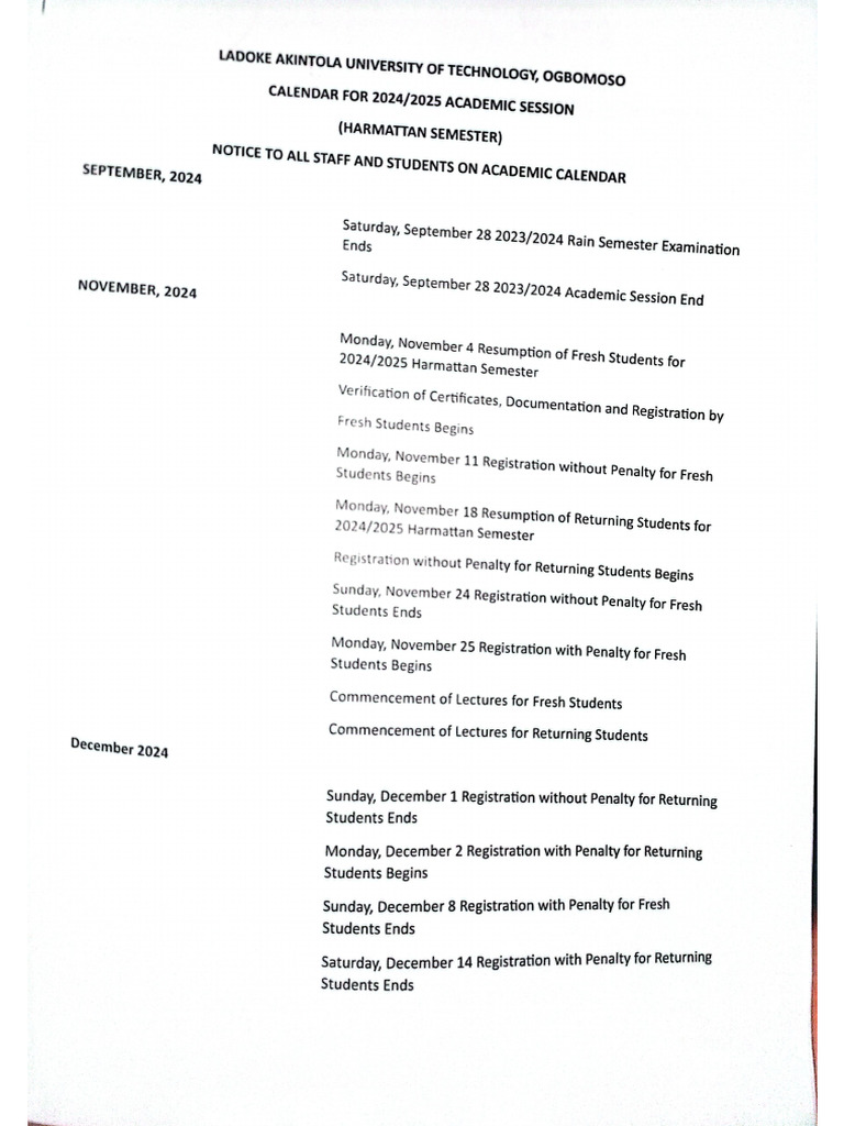 Notice To All Staff and Students On Academic Calendar | PDF