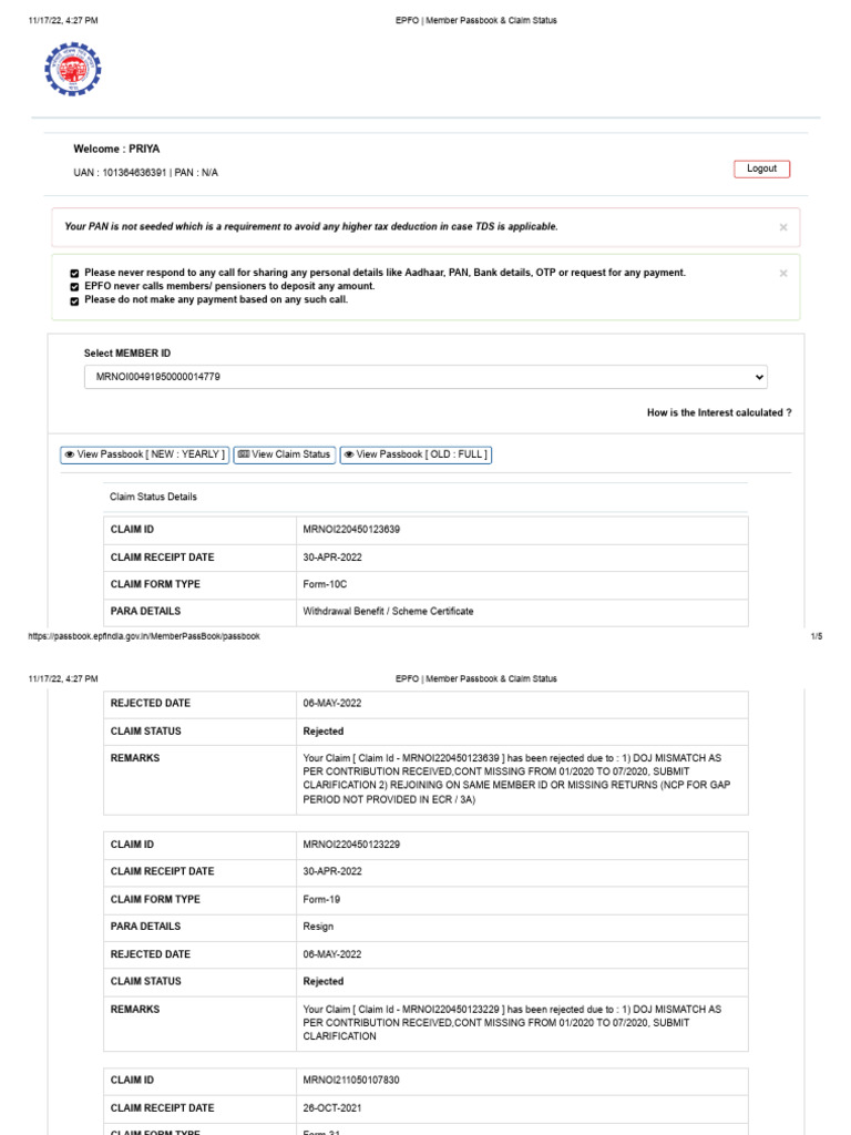 EPFO _ Member Passbook & Claim Status Priya | PDF | Personal Finance ...