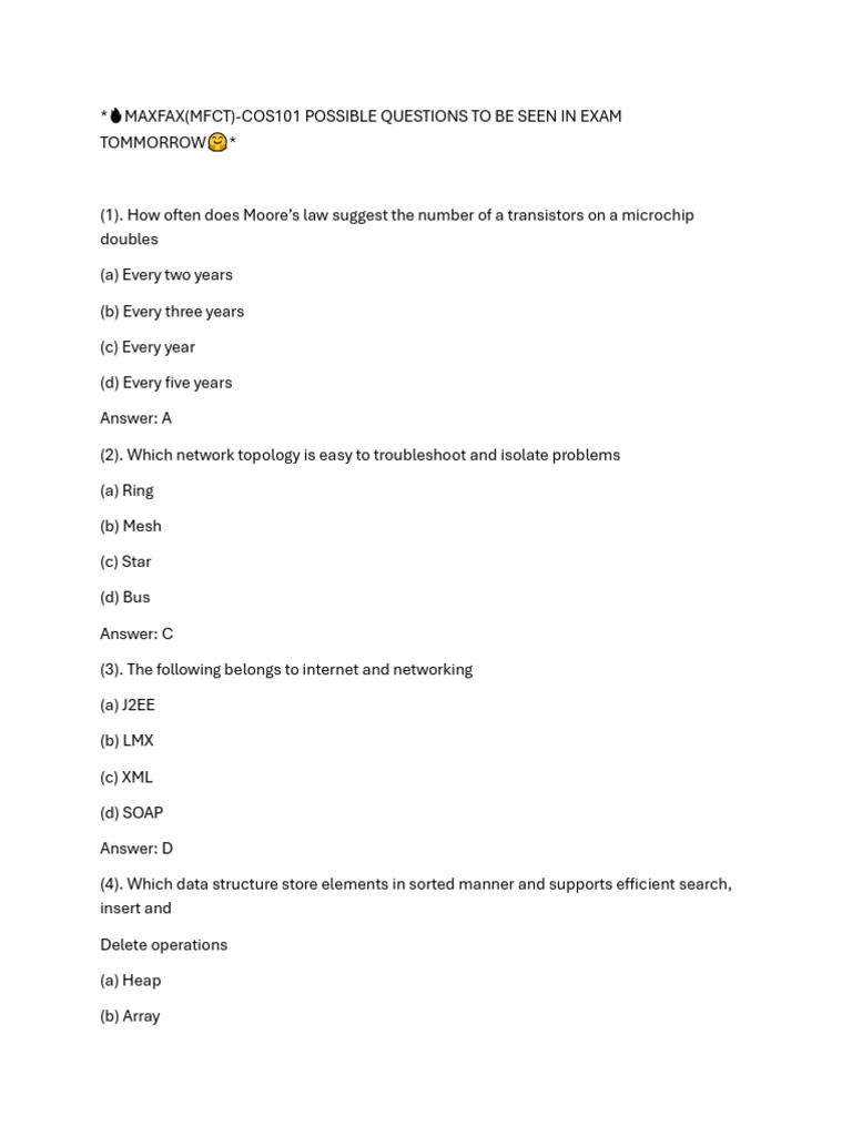 Exam Questions for COS101: MAXFAX Guide | PDF | Computer Network ...