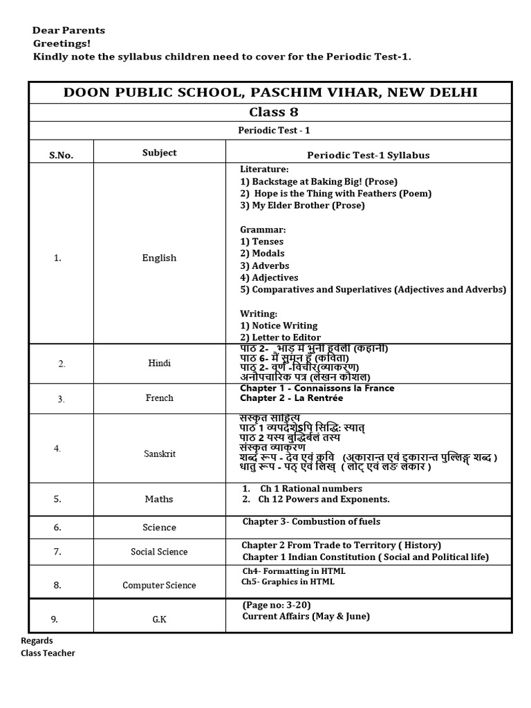 Periodic Test Syllabus Class 8-1 | PDF | Languages | Foreign Language ...