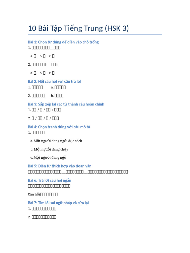 10 Bai Tap Tieng Trung HSK3 | PDF