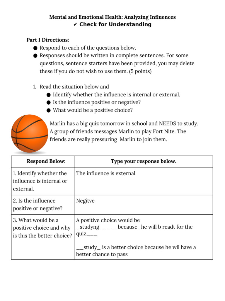 Grade 6 Analyzing Influences Check For Understanding | PDF