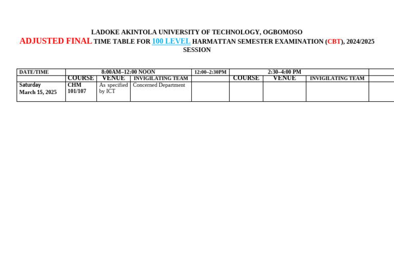 Adjusted Time Table For 100level - 2024-2025 Harmattan Examination | PDF