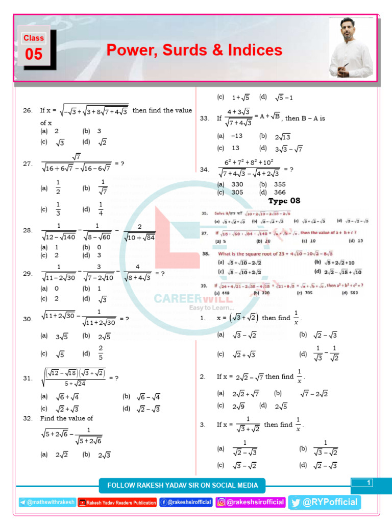 Power Surds & Indices Sheet - 05 - 426627 - Crwill | PDF