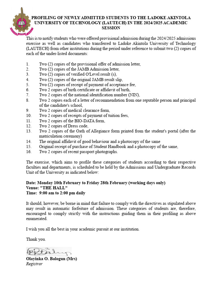 Profiling of Newly Admitted Students To The Ladoke Akintola University ...