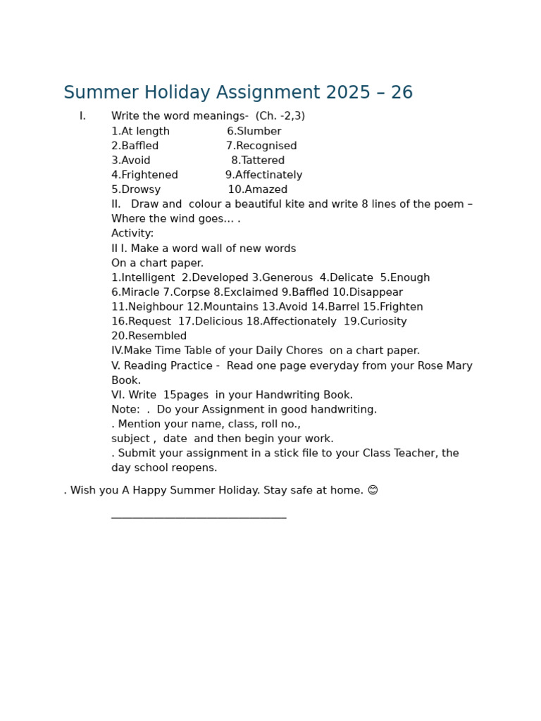 Summer Holiday Assignment 2025 - 26 | PDF