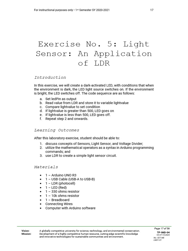 MEng 125n Laboratory Exercise 5 | PDF | Arduino | Light Emitting Diode