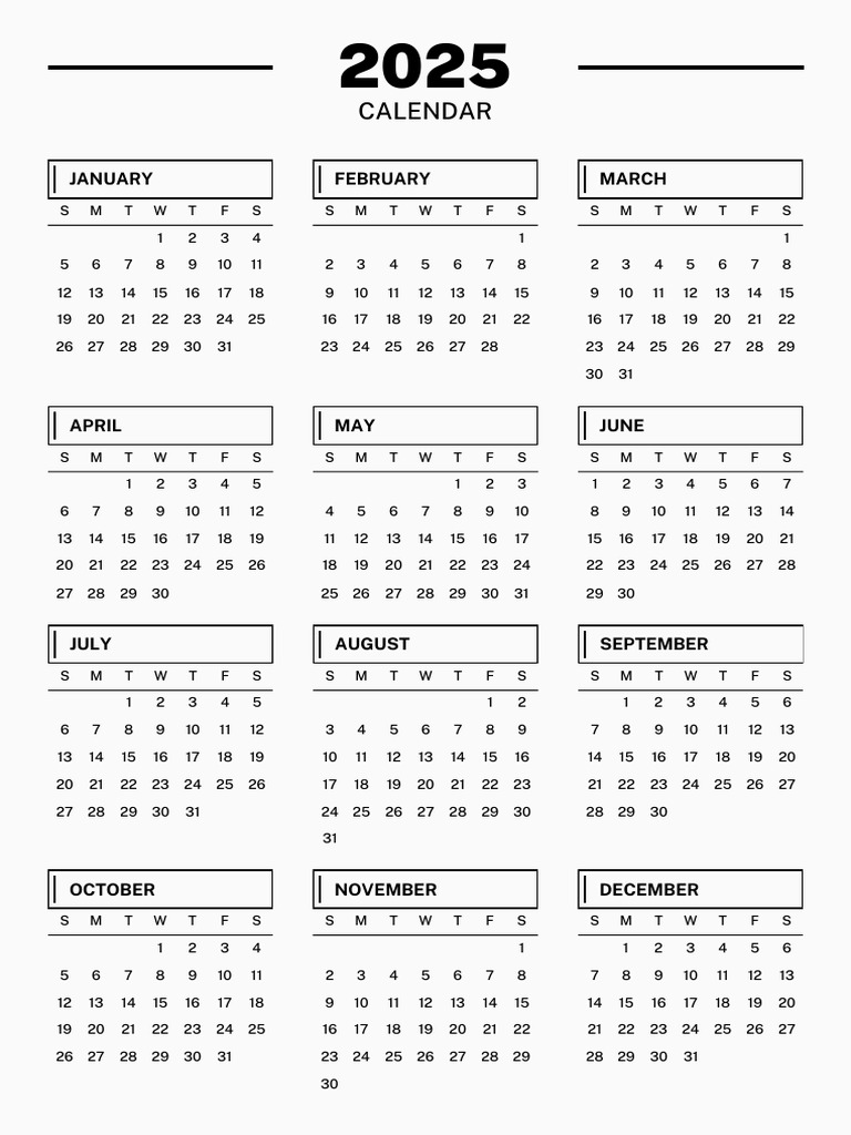 Black and White Minimalist Simple Calendar 2025 A4 Document | PDF