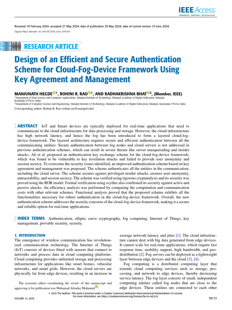 Design of An Efficient and Secure Authentication Scheme For Cloud-Fog-Device Framework Using Key ...