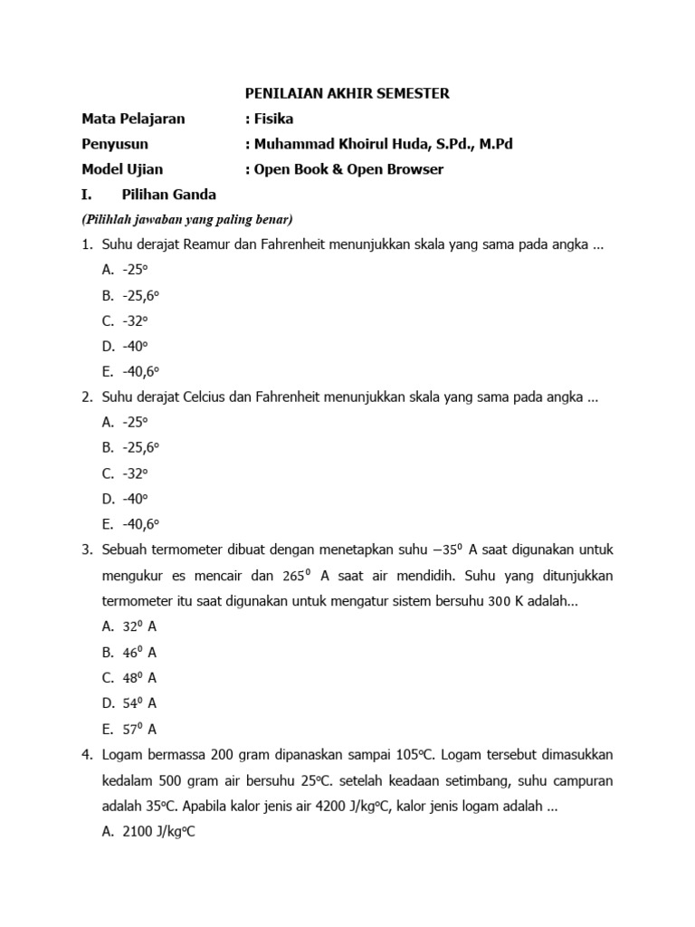 PENILAIAN AKHIR SEMESTER Genap FISIKA | PDF