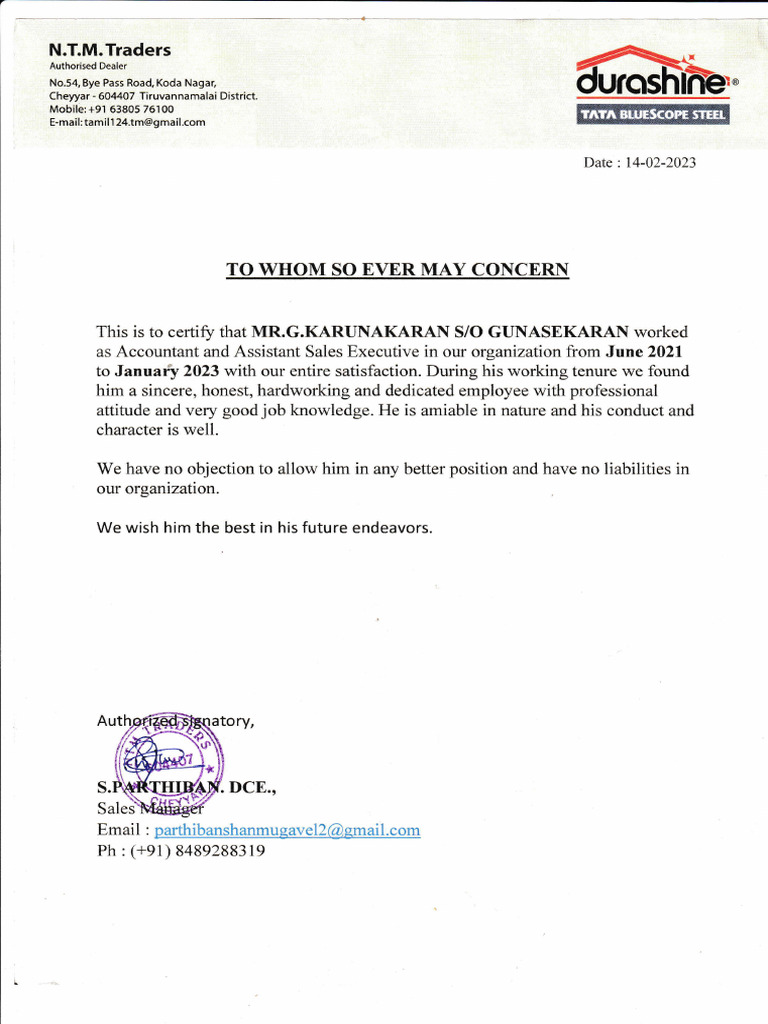 Karunakaran NTM Experience Certificate | PDF