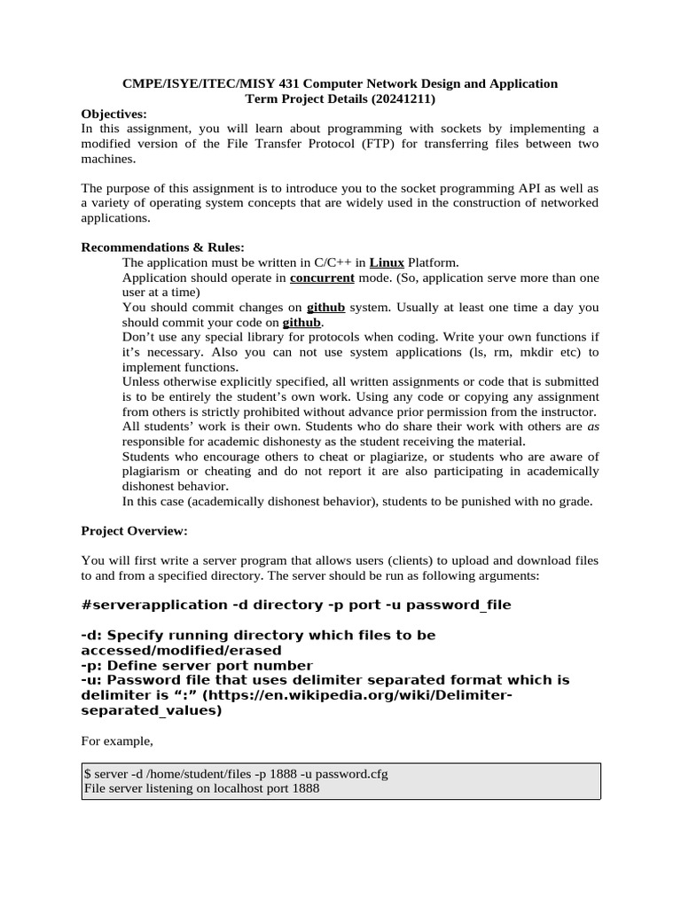 CMPE431 FTP Project Details | PDF | File Transfer Protocol | Computer File