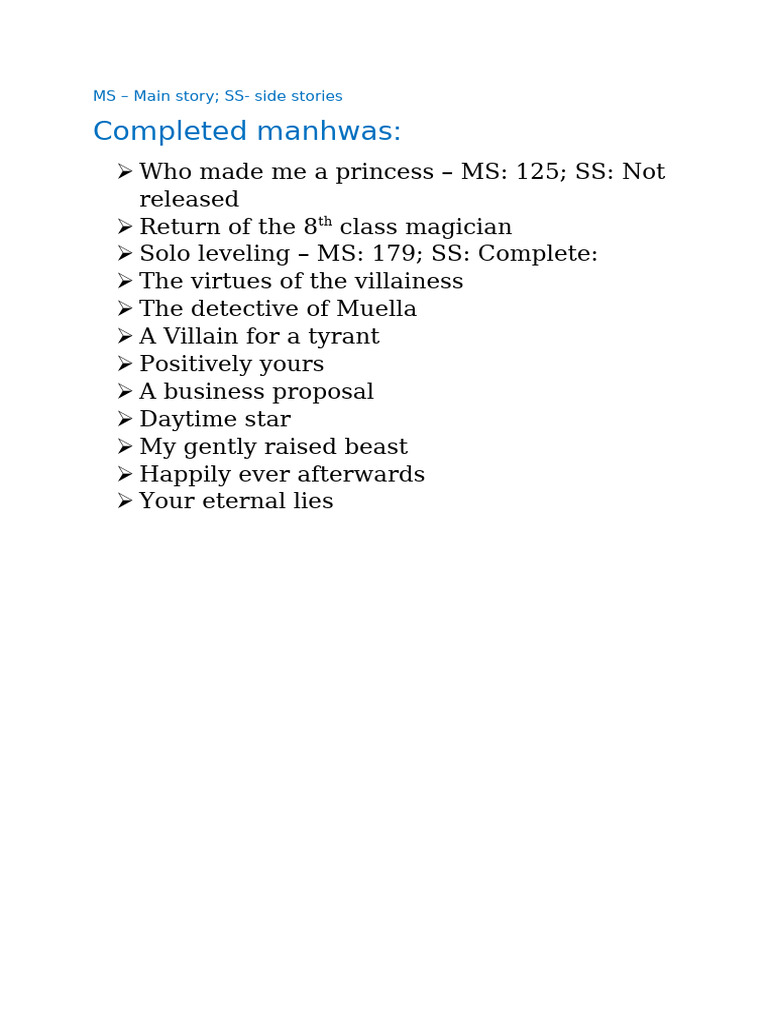 Completed Manhwas and Their Stories | PDF
