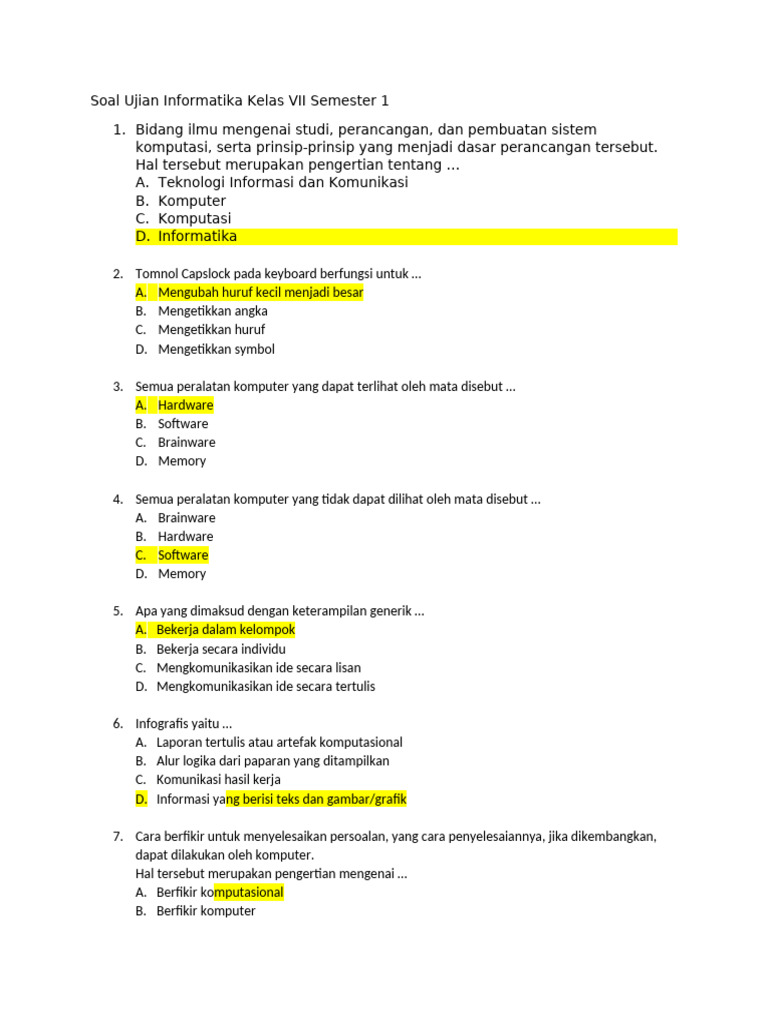 Soal Ujian Informatika Kelas VII Semester 1 | PDF