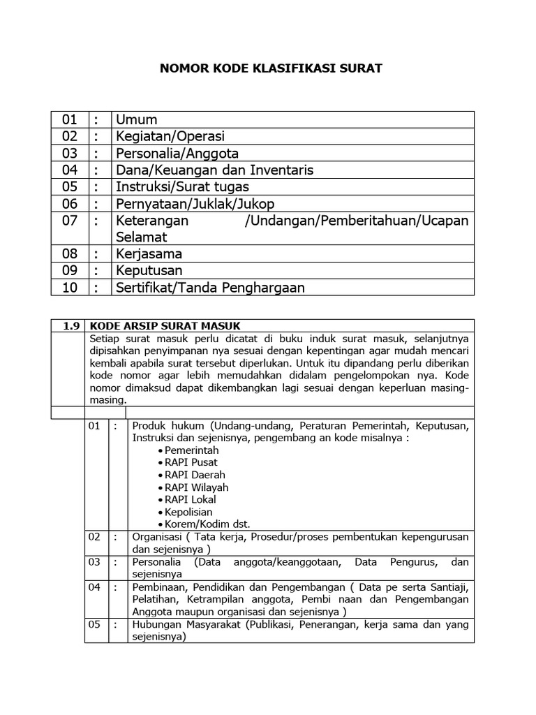 Aa. Nomor Kode Klasifikasi Surat | PDF