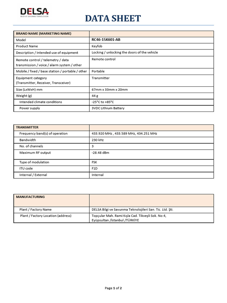DELSA-Keyfob Data Sheet-Revised 20092023 | PDF